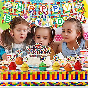 Spiareal 78 Pcs Building Block Birthday Party Supplies Birthday Party Decor Include Happy Birthday Banner, Building Block Swirls, Table Cover, Cake Toppers, Cupcake Toppers, Balloons for Kids Kids