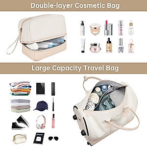 ETRONIK Rolling Duffle Bag with Wheels, 21 Inch Carry on Bag for Airplanes with Shoes Compartment, Canvas Weekender Overnight Bag for Women with Toiletry Bag, Beige