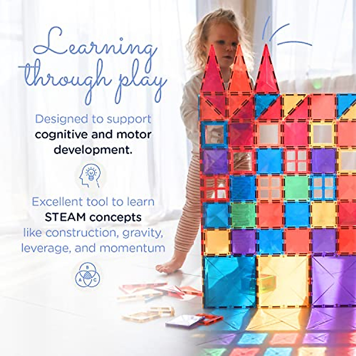 Connetix Tiles, 100 pc Creative Pack of Magnetic Building Tiles for Kids, Colorful Shapes, Fences, and Door Frames to Create Big Castles, Rockets, Bridges, Towers, and More