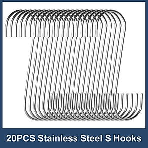 HTBMALL 20-Pack S Hooks - Stainless Steel Heavy Duty S Hooks for Hanging pots, Pans, Plants, Coffee Mugs, Towels in Kitchen and Bathroom, Coat, Bag, Work Shop, Perfect Rack Hooks