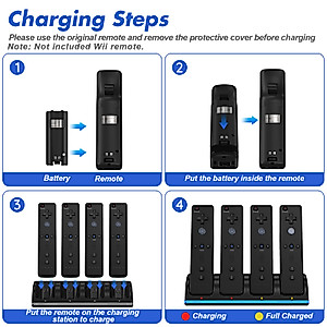 Remote Controller Charger for Wii/Wii U With 4 Pack 2800mAh Rechargeable Battery Pack, 4 Port Charging Station for Controller, Remotes Not Included