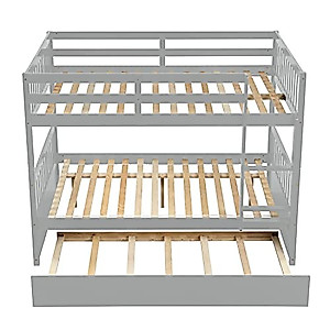 CITYLIGHT Full Over Full Bunk Beds with Trundle, Wooden Bunk Bed Full Over Full Size for Adults Teens, Detachable Full Bunk Bed Frame with High Length Guardrail,Grey