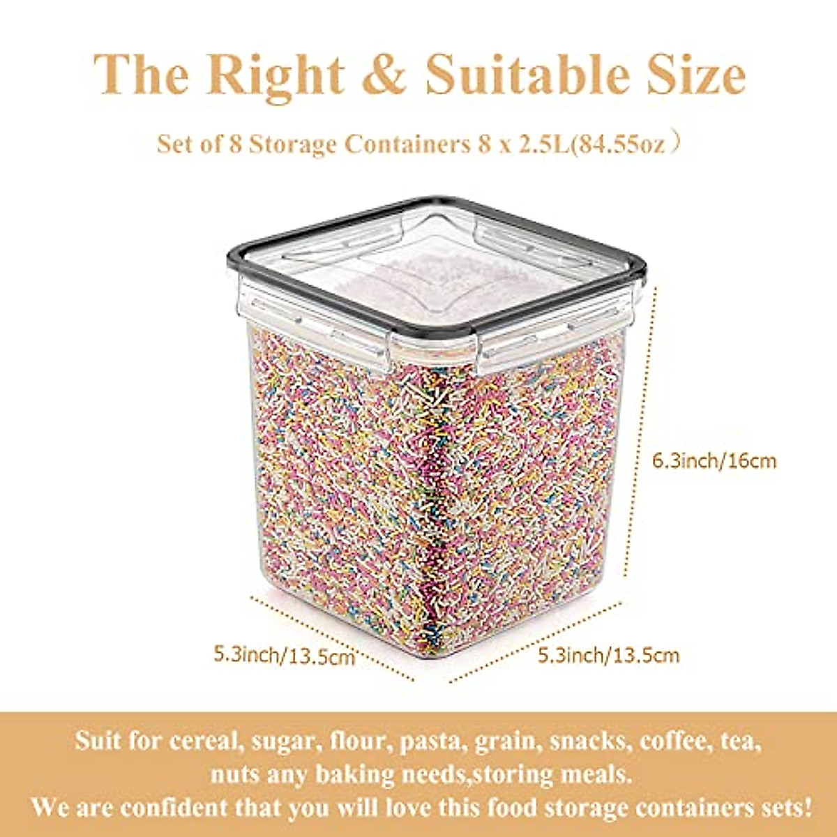 Blingco Cereal Container Food Storage Containers, Airtight Dry Food Storage Containers Set of 8 (2.5L/85oz) for Flour, Sugar, Cereal and Pantry Storage Containers with Black Locking Lids