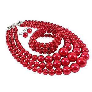 KOSMOS-LI Large Pearl Jewelry Set 3 Layer Simulated Red Pearl Women's Statement 18" Necklace Bracelet and Earrings