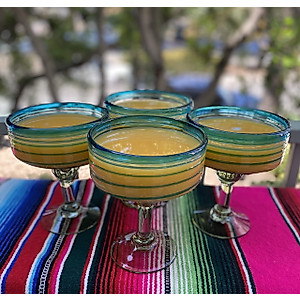 Mexican Hand Blown Glass – Set of 4 Hand Blown Margarita Glasses (16 oz) with Aqua Spiral Design
