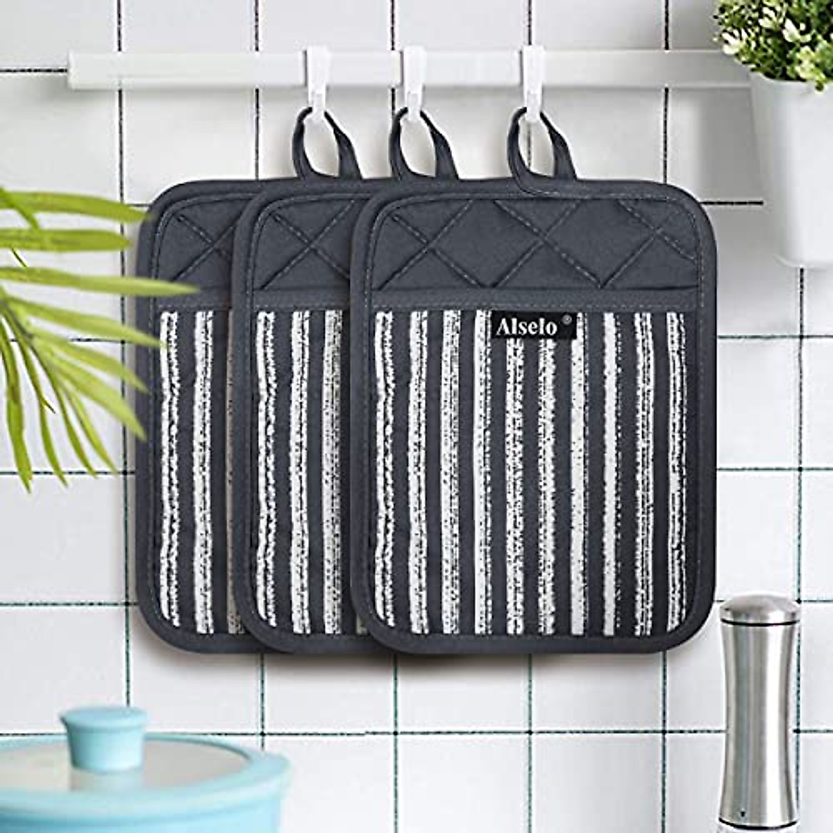 Alselo Silicone Pot Holders Set of 3 Heat Resistant & Non Slip Potholders, Professional Oven Hot Pads with Pockets Mitts for Kitchen Cooking Baking Barbecue