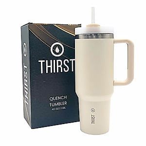 THIRST Quench H2.0 40 oz tumbler with handle and straw | Stainless Steel Tumbler | Insulated Tumbler | Double Wall Mug | Thermos | Cup | Water Bottle (New Generation Lid & Straw) (Dune)