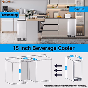 Feelfunn 15 Inch Undercounter Beverage Refrigerator - 126 Cans Beverage Fridge with Stainless Steel Door for Beer Wine Soda - Built-in or Freestanding Wine Cooler for Home Kitchen Bar Outdoor
