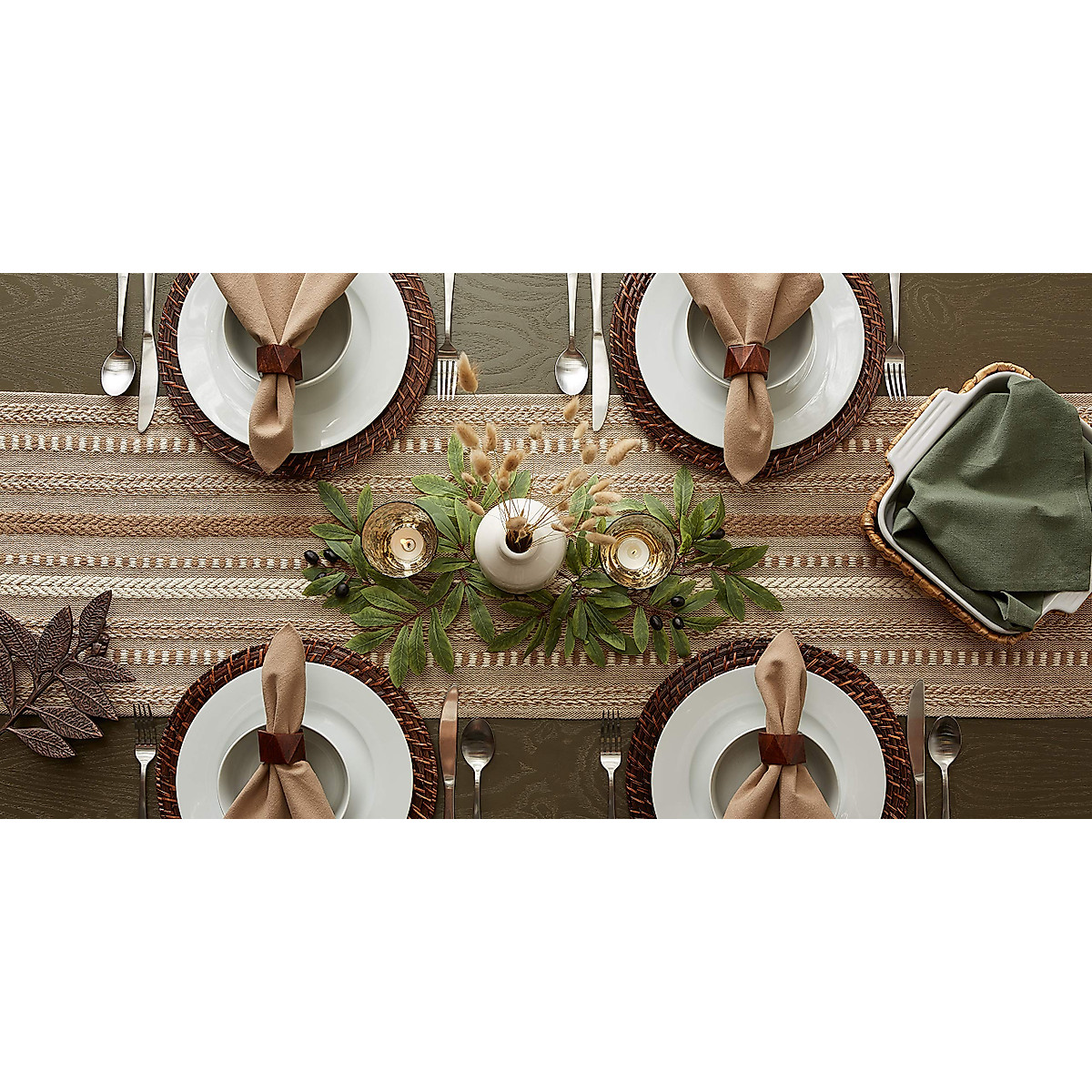 DII Farmhouse Braided Stripe Table Runner Collection, 15x108 (15x113, Fringe Included), Stone