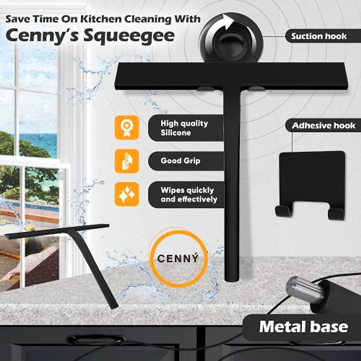All in One New 2023 Cenný Kitchen Accessories Gift Set for Home and RV Essentials Countertop Dish Soap Dispenser with Sponge Holder Silicone Squeegee Sink Strainer & Stopper Towel Hooks Black