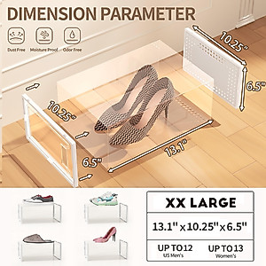 12 Pack XX Large Shoe Organizer Storage Boxes for Closet, Modular Space Saving Shoe Boxes Clear Plastic Stackable Sneaker Containers Display Case with Lids, White