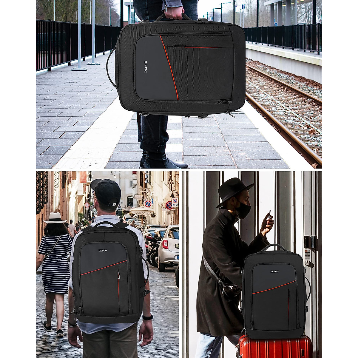 DEEGO Carry on Backpack, 40L Flight Approved Travel Backpack for Men Women, Extra Large International Travel Luggage Backpack Water Resistant Weekender Overnight Bag Daypack Fit 17 Inch Laptop, Black