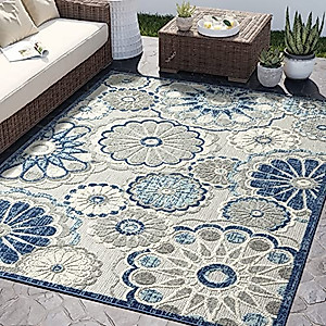 Abani Contemporary Design 4' x 6' Blue & Grey Floral Area Rug Rugs - Unique Non-Shed Modern Flower Print Indoor/Outdoor Rug