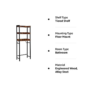 VASAGLE Over The Toilet Storage, 3-Tier Bathroom Storage Shelf, Over Toilet Bathroom Organizer, Rustic Brown and Black UBTS002B01