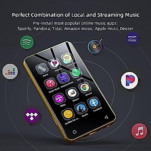 80GB MP3 Player with Bluetooth and WiFi, MP4 MP3 Player with Spotify,Spotify Kids，4" Full Touch Screen with Pandora, Music Player with Audible，Android MP3 with Speaker (Gold_Black)
