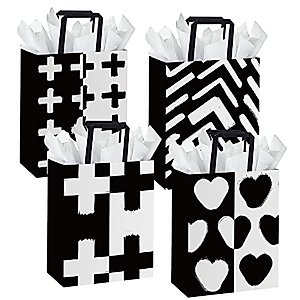 LeZakaa 10" Medium Gift Bags Assortment with Tissue Paper, 4 Pack in White and Black Design for Shopping, Birthday or Any Occasion