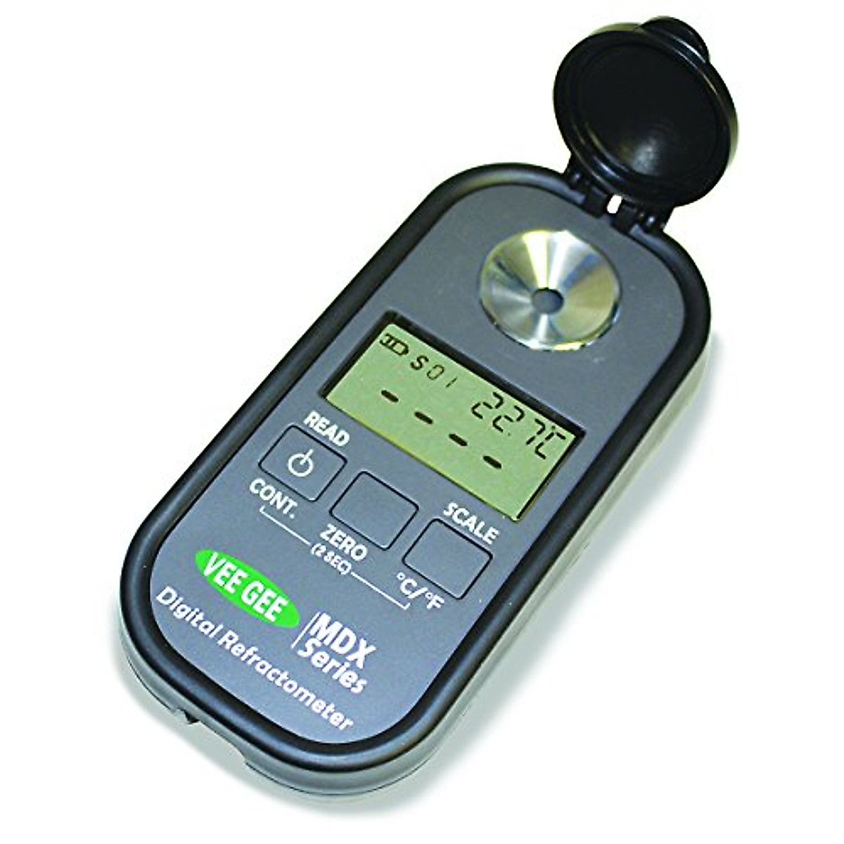 Vee Gee 48102 Digital Refractometer, Mdx-102, for Brix/ND (Wide Range), 0.0 to 90.0%/1.3330 to 1.5300 ND Range, Grey Plastic Housing, 32 mm x 60 mm x 120 mm