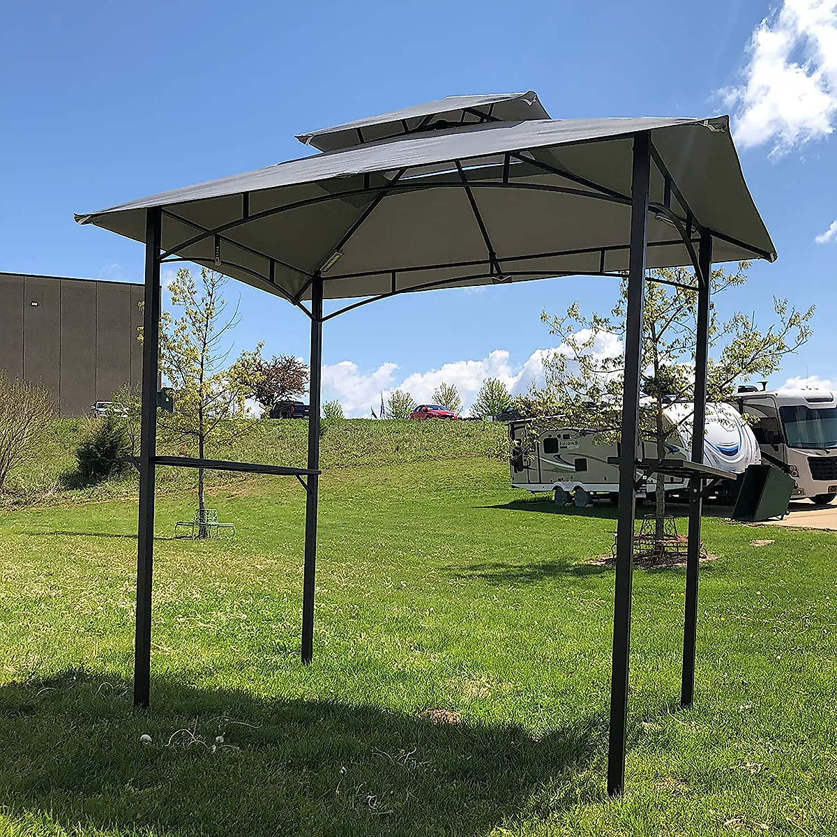 BACKYARD EXPRESSIONS PATIO · HOME · GARDEN Grilling Gazebo w/LED Lights, Barbecue Grill Canopy Tent w/Air Vent, Double Tiered, Powder Coated Steel Frame, Black and Gray - 8' x 5' (911268-NM)