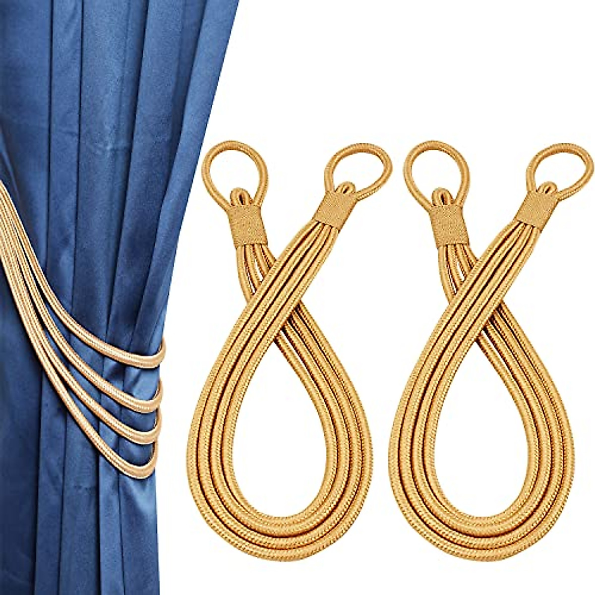 MALANOV Curtain 4 Strand Ropes Tiebacks Tie-Backs, Curtain Handmade Holdbacks, Polyester 4 Strand Cord Rope Tieback - Gold 2 Pack