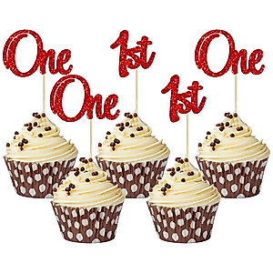 Gyufise 24Pcs 1st Birthday Cupcake Toppers Glitter First Birthday One Cupcake Picks for Baby Shower 1st Birthday Party Cake Decorations Supplies Red