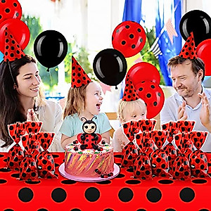 73 Pcs Ladybug Party Supplies, 52 x 87 Inch Ladybug Tablecloth, 48 Pcs Red Treat Goodie Bags Candy Bag with Twist Ties, 24 Pcs Red Black Latex Balloon for Ladybug Themed Birthday Wedding Decoration