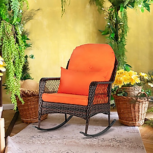 Outvita Rocking Chair, Outdoor PE Rattan Rocking Chair with Soft Orange Cushion and Pillow for Patio, Porch, Poolside, Living Room