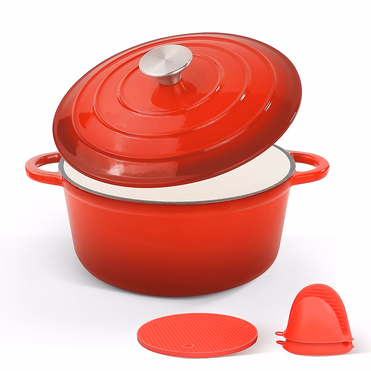 CookNexa 6 Quart Enameled Cast Iron Dutch Oven Pot with Lid and Silicone Accessories, Oven Safe up to 500°F or on Stovetop, Non-stick Dutch Oven for Bread Baking, Cooking, Dual Handles Cookware, Red