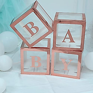 Rose Gold Baby Shower Boxes Party Decorations 4 Clear & Transparent Blocks, First Birthday Centerpiece Decor Supplies for Boys and Girls, Gender Decor (Rose gold)
