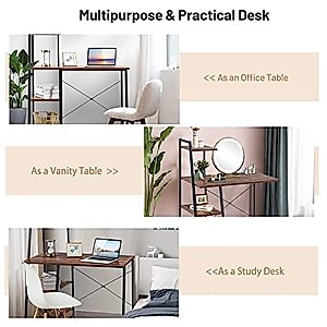 COSTWAY Computer Desk with 4-Tier Storage Shelves, Home Office Desk Writing Table with Sturdy X-Shape Frame, Adjustable Foot Pads, Modern Simple Style Small Study Desk, Wide Tabletop (Brown and Black)