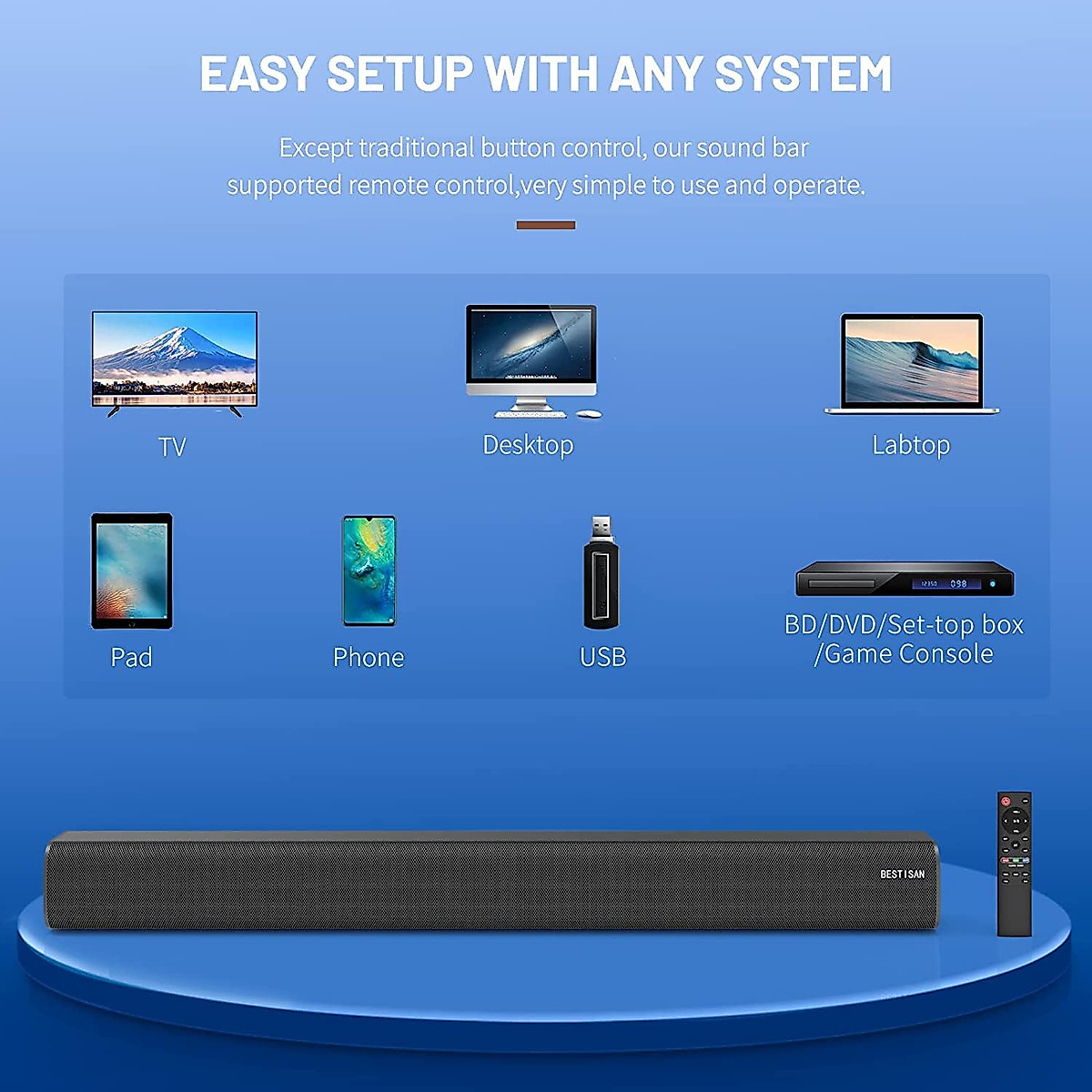 BESTISAN TV Sound Bar, 100Watts Soundbar for TV, Wireless Sound Bars with HDMI-ARC and Bluetooth/Optical/AUX/USB. TV Speakers for Home Theater/Gaming. (Remote Control,Wall Mountable)