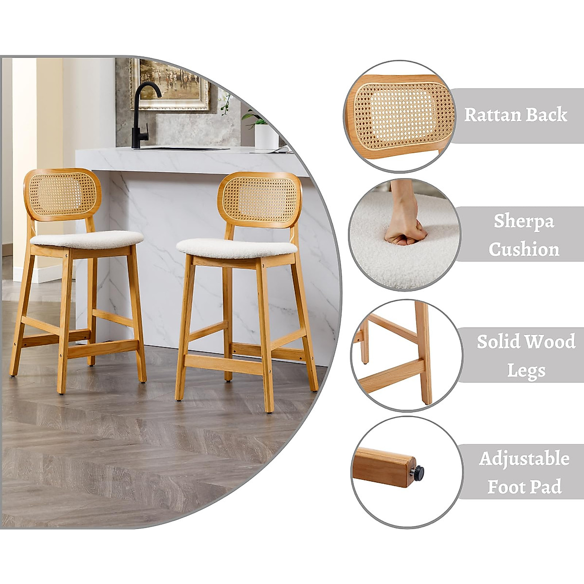 EALSON Counter Height Bar Stools Set of 2 Rattan Back Farmhouse Barstools Mid Century Modern Wood Bar Chairs Comfortable Sherpa Upholstered Kitchen Island Chairs for Pub/Breakfast Bar, Beige