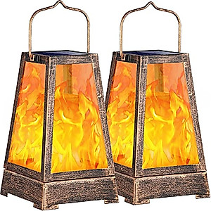 TomCare Solar Lantern Outdoor Waterproof Flickering Flame Metal Hanging Solar Lights Decorative Outdoor Lanterns Solar Powered LED Flame Lights Outdoor Decorations for Patio Garden Yard Deck, 2 Pack
