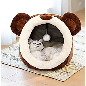 Lcybem Cat Beds for Indoor Cats - Cat Bed Cave with Removable Washable Cushioned Pillow, Soft Plush Premium Cotton No Deformation Pet Bed, Roomy Bear Cat House Design, Multiple Sizes-L