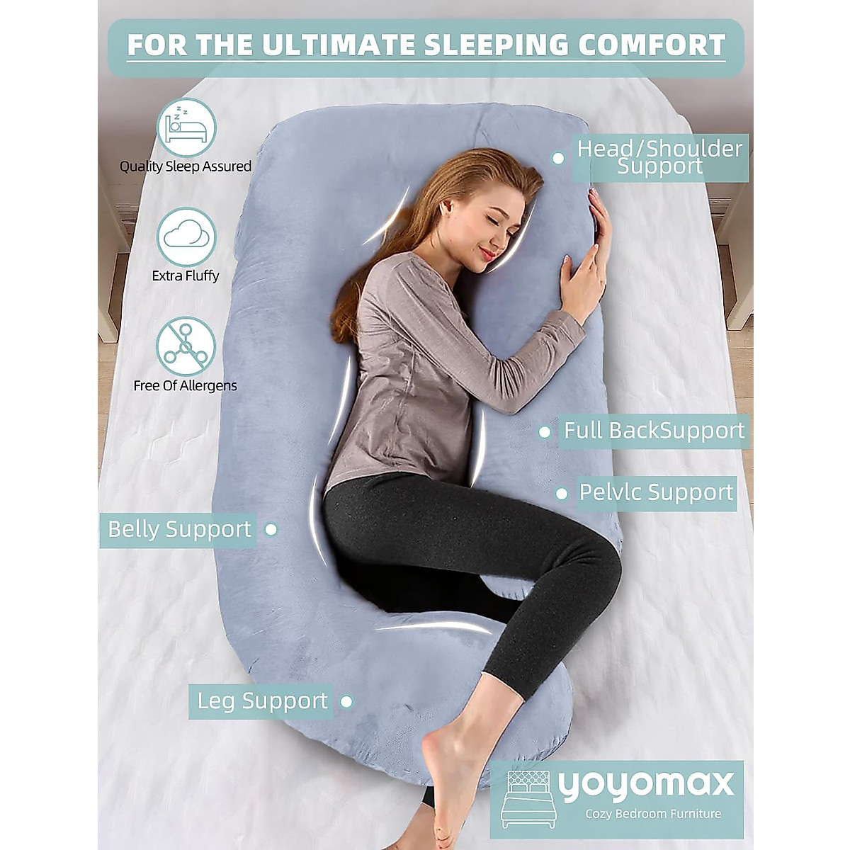 yoyomax U-Shaped Pregnancy Pillows, Memory Foam Pregnancy Pillow Full Body Maternity Pillow with Removable Cover,57 Inch , Pregnancy Pillows for Sleeping-Lakeblue