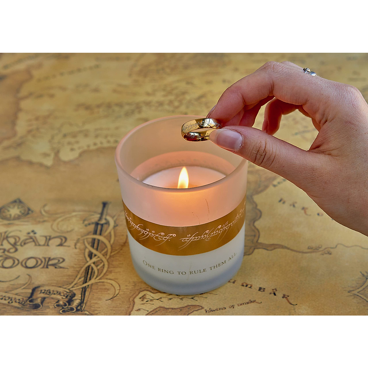 The Lord of the Rings Glass Candle, 8oz - Ring of Power Replica Reveals When Wax is Burned, Unscented - Gift for LOTR Fans