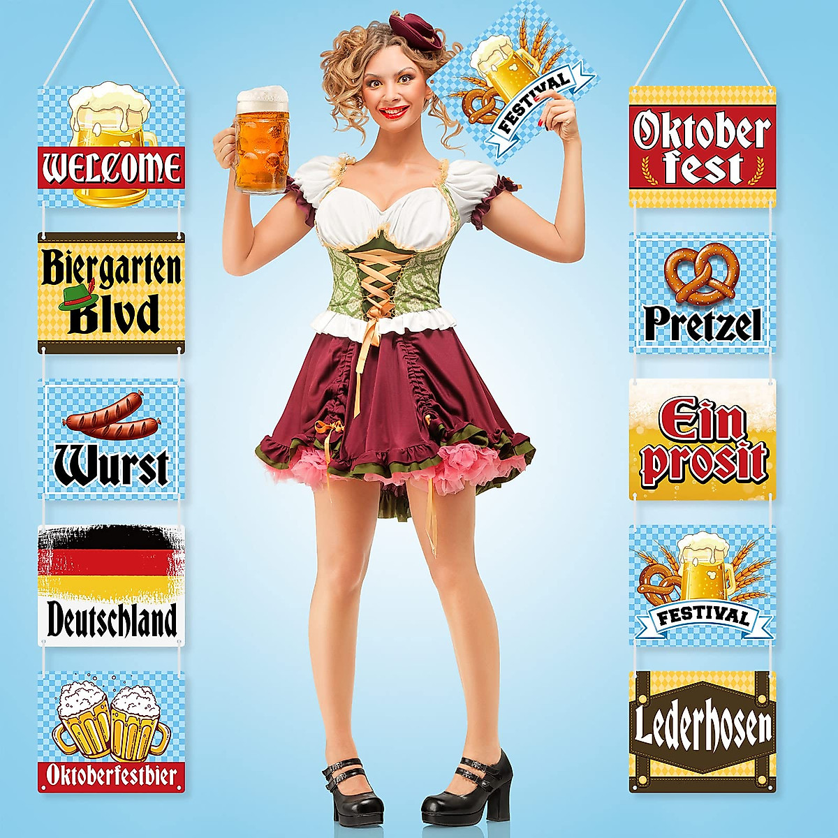 Oktoberfest Decorations, Laminated Bavarian Oktoberfest Banner German Beer Festival Signs Oktoberfest Party Decorations Supply Decor Paper Cutouts with 2 Ropes and Glue Point Dots (Style 1)