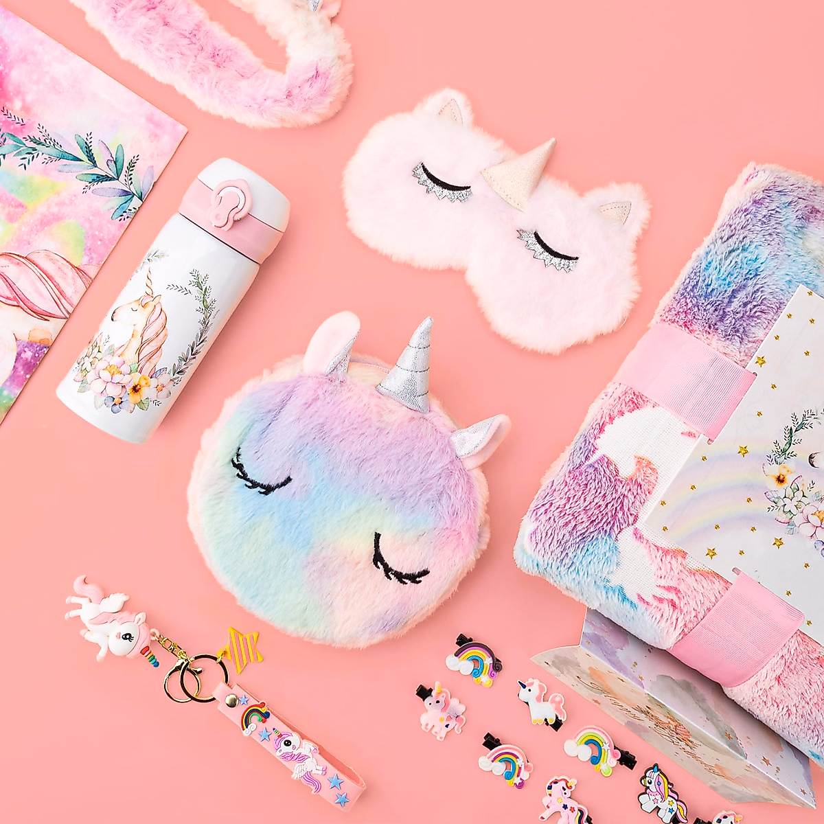 Runeaoys Unicorn Toys for Girls Age 4-6 6-8, Girl Christmas Birthday Thanksgiving Gifts Box for 3 4 5 6 7 8 9 10 Year Old with Unicorn Glow in The Dark Blanket Water Bottle Kairclip Bag