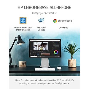 HP Chromebase 21.5" All-in-One Desktop, Intel Pentium Gold 6405U Processor, 4 GB RAM, 128 GB SSD, Rotating Full HD IPS Touchscreen, Chrome OS, Bluetooth Keyboard and Mouse Combo (22-aa0022, 2021)