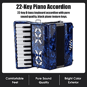 Accordion 22 Key 8 Bass Piano Accordion Keyboard Instrument Adjustable Accordion Strap Pure Sound Keyboard Accordion for Performance Amateur Musicians and Professionals