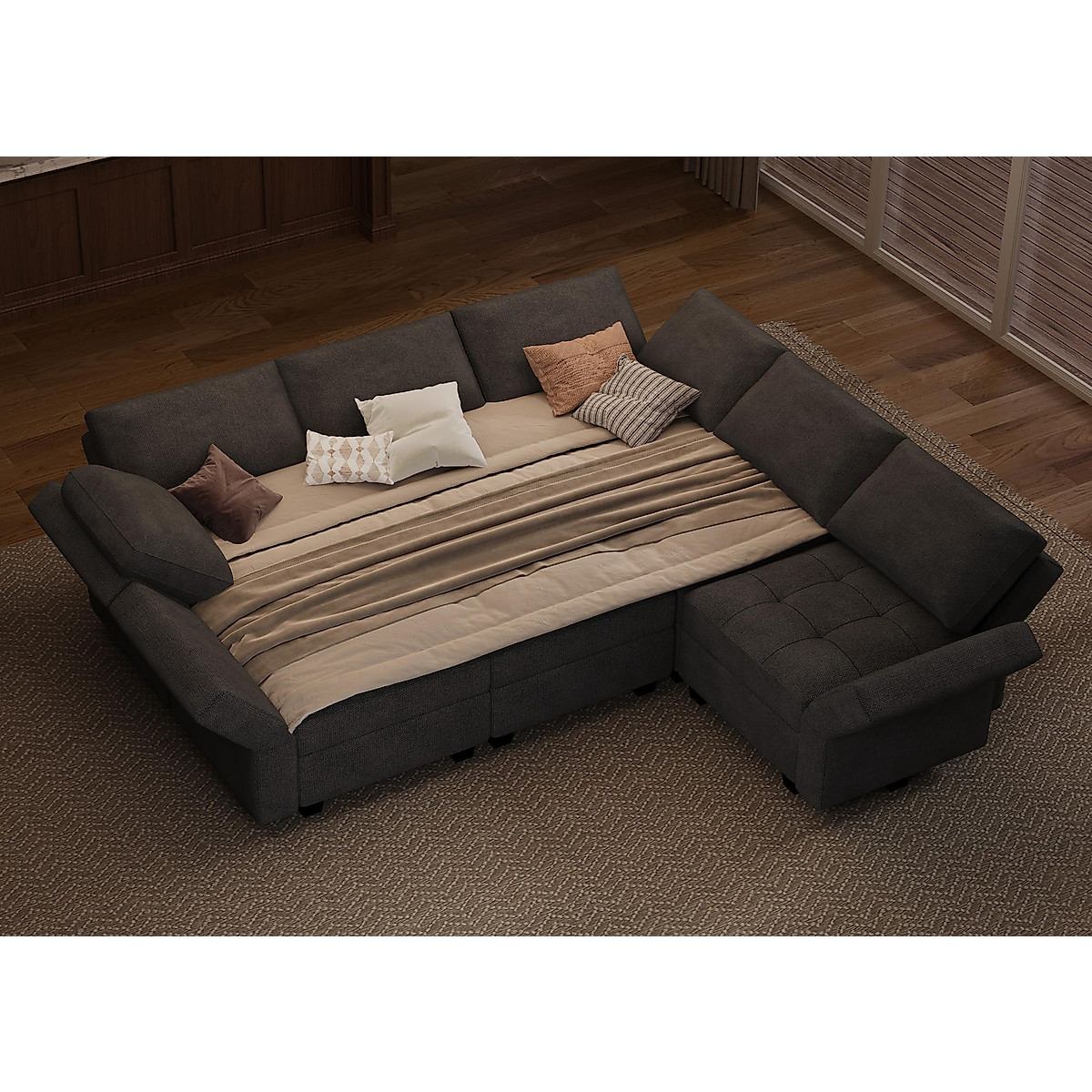 HONBAY Modular Sleeper Sectional Sofa Sectional Sleeper Couch with Storage Ottoman Reversible Modular Sofa for Living Room Dark Grey