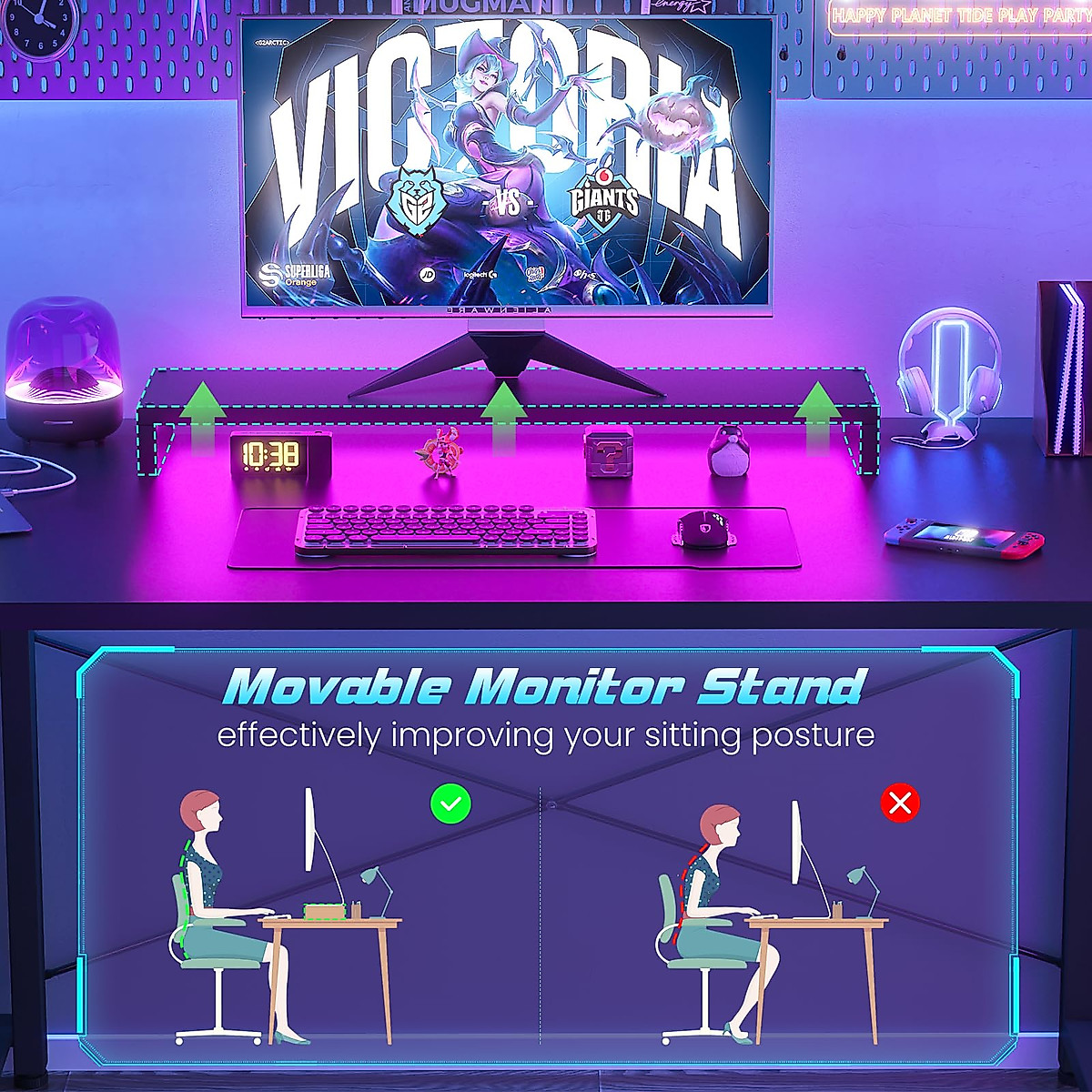 Besiost Gaming Desk with Lights, Reversible Computer Desk with Power Strips, 39.4 Inch Gaming Desk with Moveable Monitor Stand and Shelves, Small Desk for Small Spaces, PC Gaming Desk for Home, Black