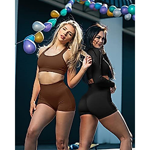 VVX 3 Piece Workout Shorts Womens Seamless High Waist Butt Lifting Scrunch Yoga Gym Shorts - Black/Brown/Wine M