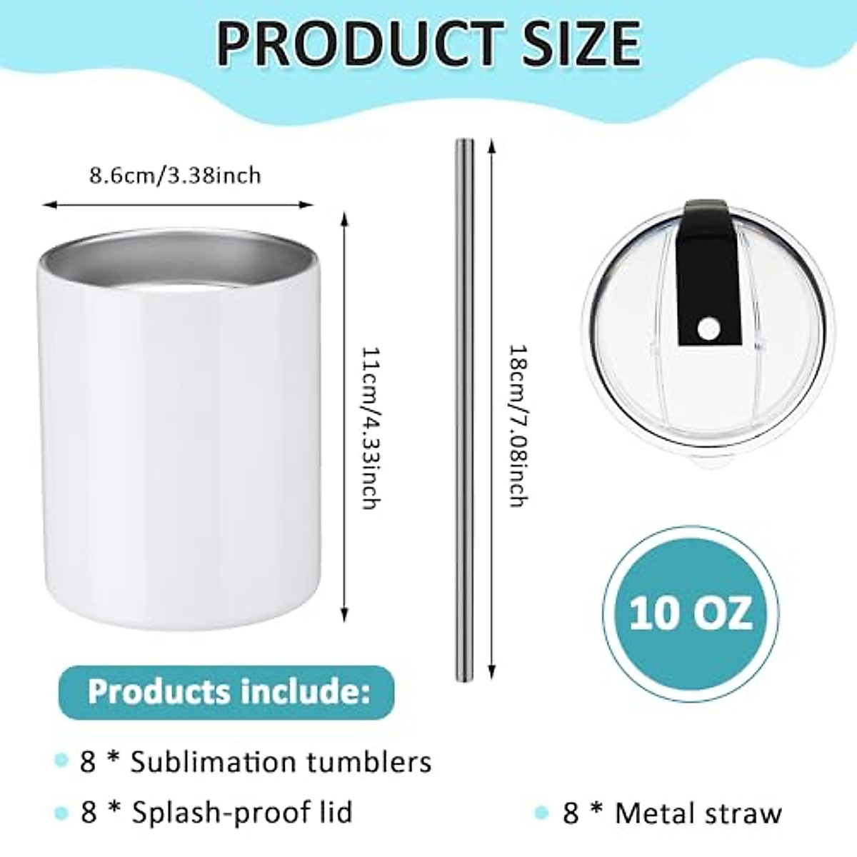 Sublimation Blank Tumblers Bulk 10 oz White Stainless Steel Sublimation Straight Skinny Tumblers with Lids and Straw Double Wall Vacuum Insulated Cups for DIY Heat Press Print(8 Pack)