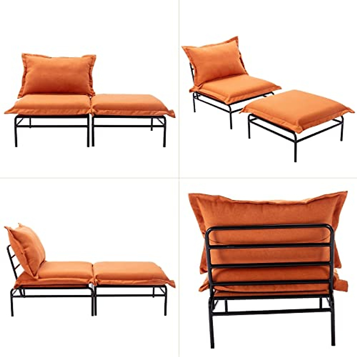 Modern Linen Fabric Accent Chair with Ottoman Set, Upholstered Lounge Chair with Black Metal Legs Comfy Recliner Chair with Back Large Living Room Chair with Footrest Sofa Bed for Bedroom, Orange