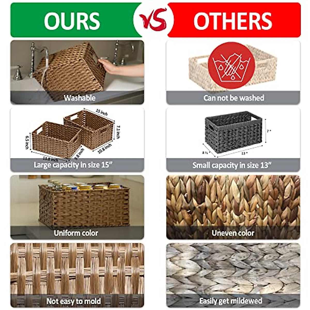 ROSOS Wicker Baskets 2 Pack, Wicker Storage Basket with Handles, Large Wicker Baskets for Storage, Waterproof Wicker Baskets for Organizing, Large Storage Baskets Wicker 15" and Medium 14", Brown