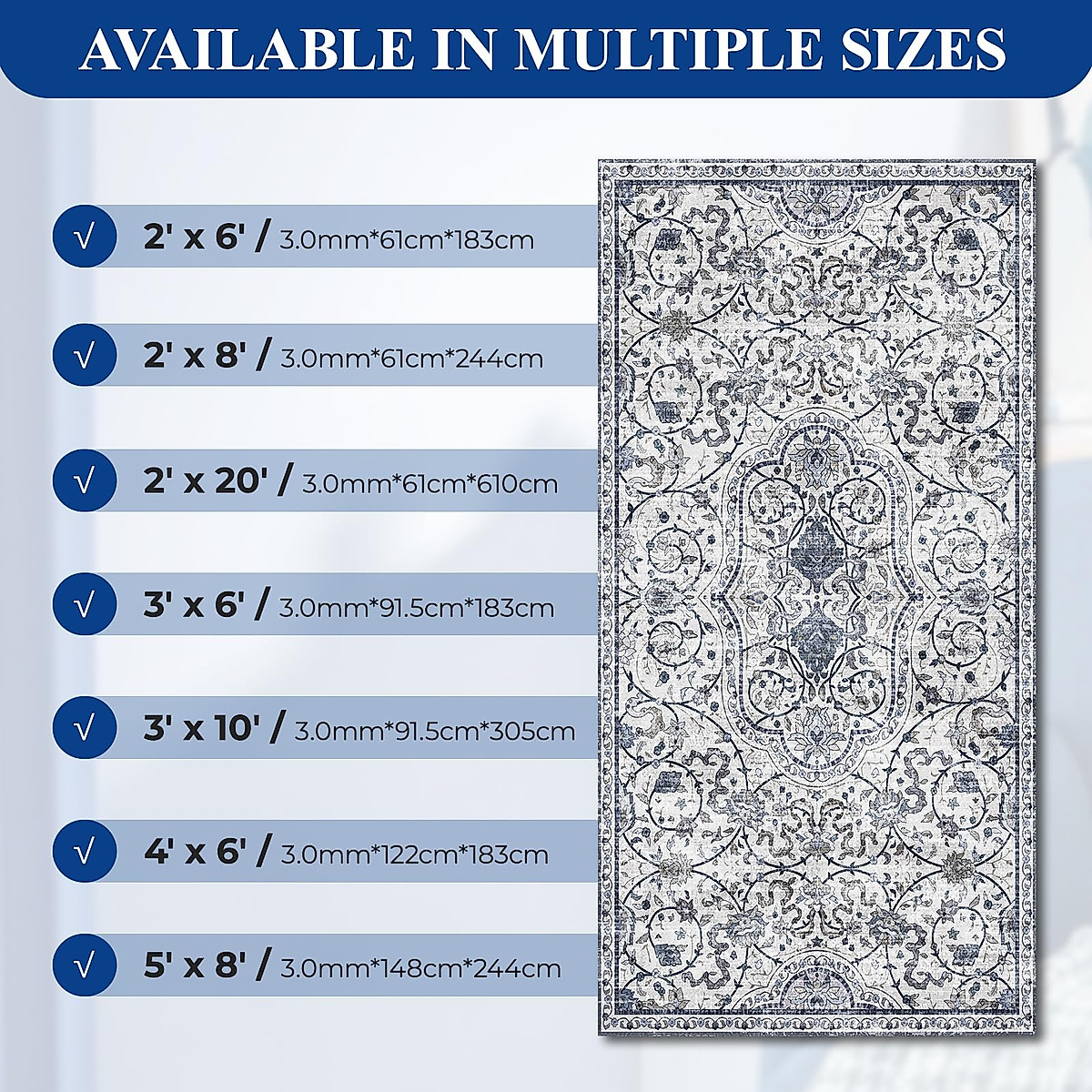 SALLOUS Vinyl Mat, 2x8ft Runner Rug for Hallway, Non-Slip Waterproof Area Rug for Living Room, Washable Floor Mat for Kitchen, Bathroom, Entryway (Grayish Blue Bohemian-Style)