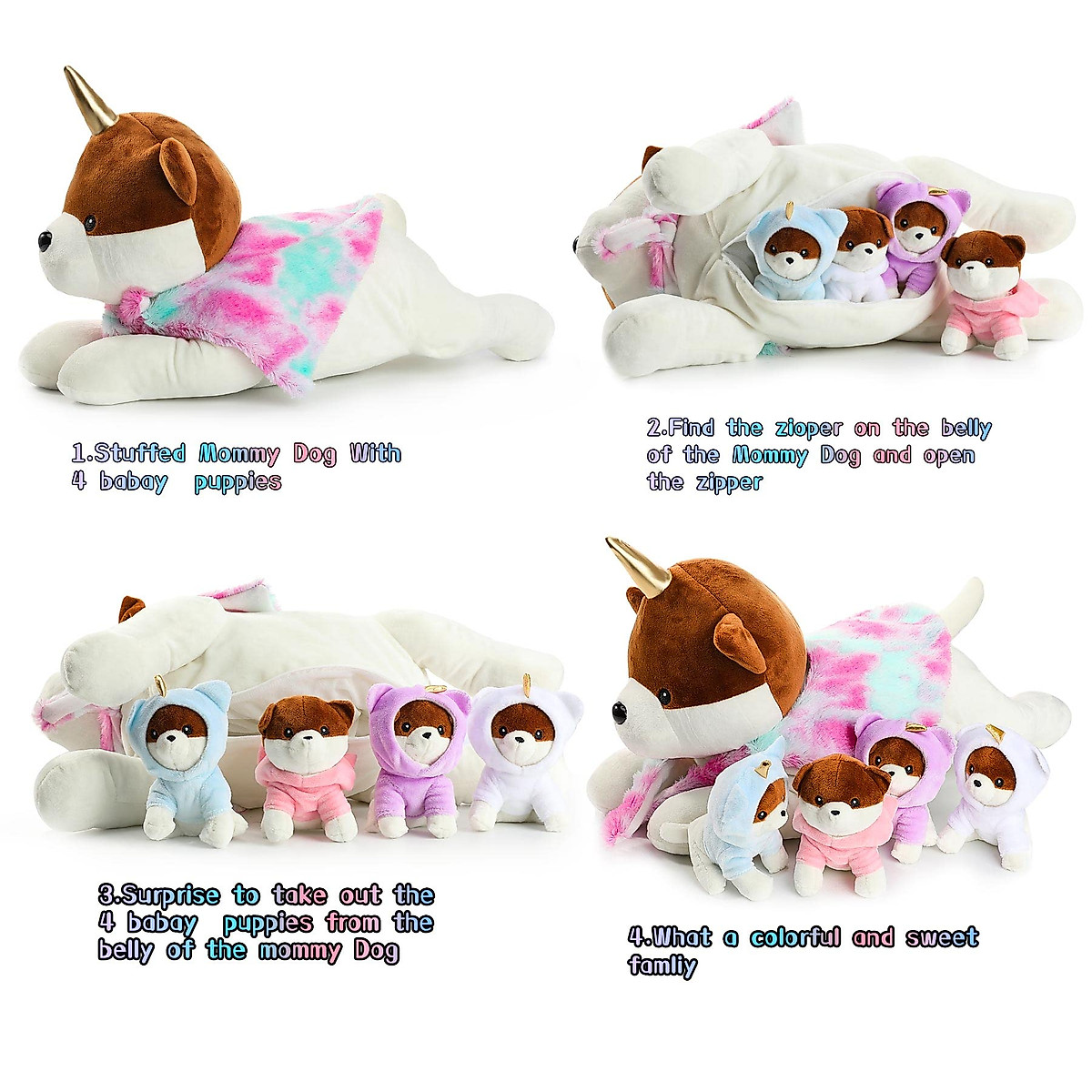 19Inch Plush Puppy Stuffed Animals, Unicorn Gifts Surprise Toys for Girls-Momma Dog with 4pcs Baby Plushie, 5 in 1 Playset