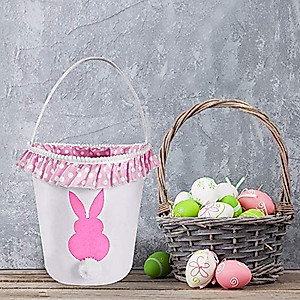 Easter Baskets Bags Empty Bulk For Kids Girls Toddler Bunny Eggs Hunt Bags with Fluffy Tail Pink Canvas Rabbit Toys Personalized Handbag Toys Bucket Tote Bag Candies Storage Gifts with Handles (Pink)