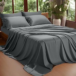 Shilucheng 6-Piece Sheets Set，Rayon Derived from 100% Bamboo_，Cooling & Soft Bed Sheets, Luxury Bedding Sheets & Pillowcases, 16 Inch Deep Pockets (King,Dark Grey)