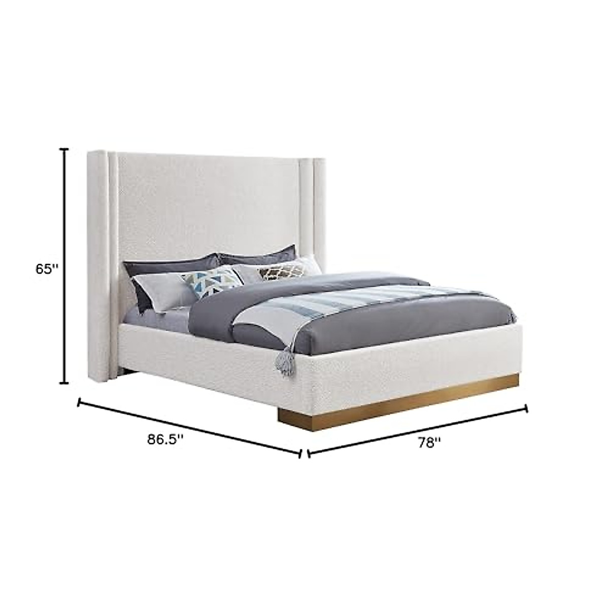 Meridian Furniture HaltonCream-Q Halton Collection Modern | Contemporary Boucle Fabric Upholstered Queen Bed, Rich Cream Boucle Fabric, Brushed Gold Metal Base, 78" W x 86.5" D x 65" H, Cream, Queen